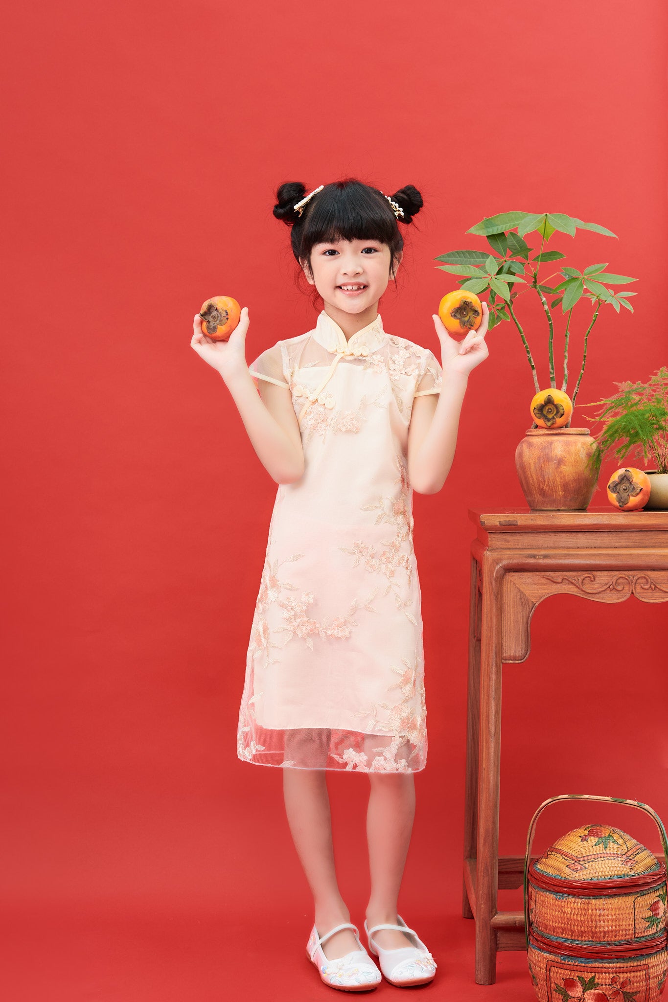 Floral Lace Embroidery Cheongsam Dress in Beige (In-Stock) – Hemito